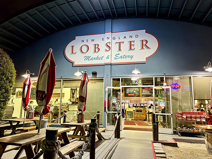 The blue facade with its classic signage promises East Coast authenticity in California. Those picnic tables aren't just seating&mdash;they're stages for impending seafood euphoria.