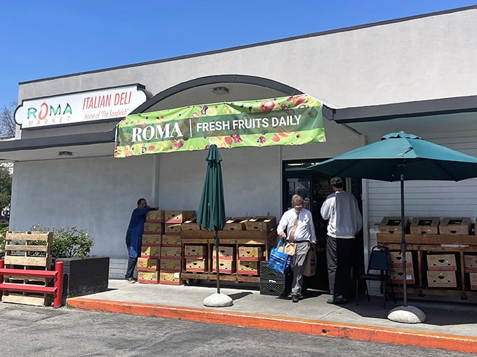 The unassuming exterior of Roma Market belies the culinary treasures within. Like finding a Fellini film at a yard sale.