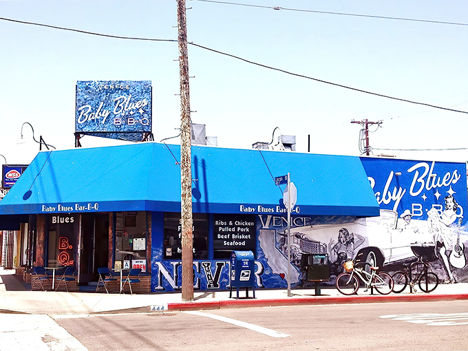 The bright blue awning of Baby Blues BBQ beckons like a smoky siren call to barbecue pilgrims on Lincoln Boulevard in Venice.