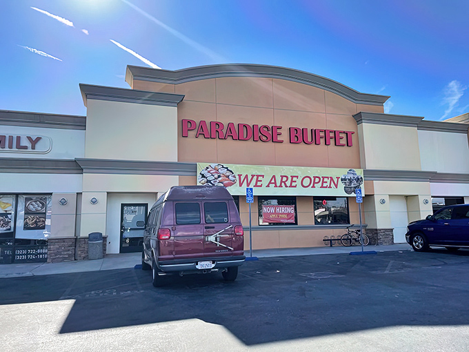 Paradise Buffet's unassuming strip mall exterior is like that friend who dresses plainly but always knows where to find the best food in town.