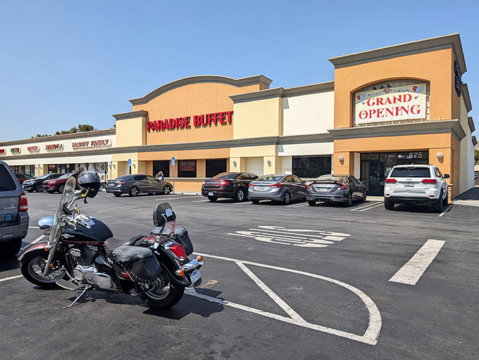 The unassuming strip mall exterior of Paradise Buffet belies the culinary wonderland within. Like finding a treasure map in your junk drawer&mdash;unremarkable until you realize what it leads to.