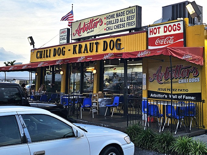 That bright yellow facade isn't just a building&mdash;it's a beacon of hope for the hungry. The Jesus Perez Patio beckons with the promise of chili dog nirvana.
