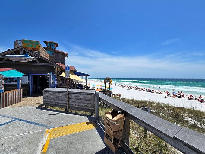 Paradise found! Pompano Joe's weathered exterior is your gateway to seafood heaven, where the Gulf of Mexico practically serves as the restaurant's front yard.