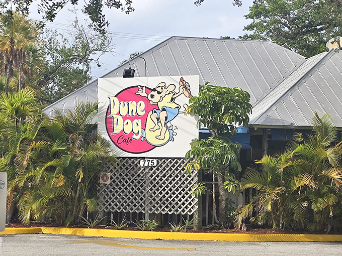 The tropical paradise of Dune Dog Cafe beckons with its vibrant colors and palm-fringed exterior. Florida's answer to the classic beach shack doesn't disappoint.