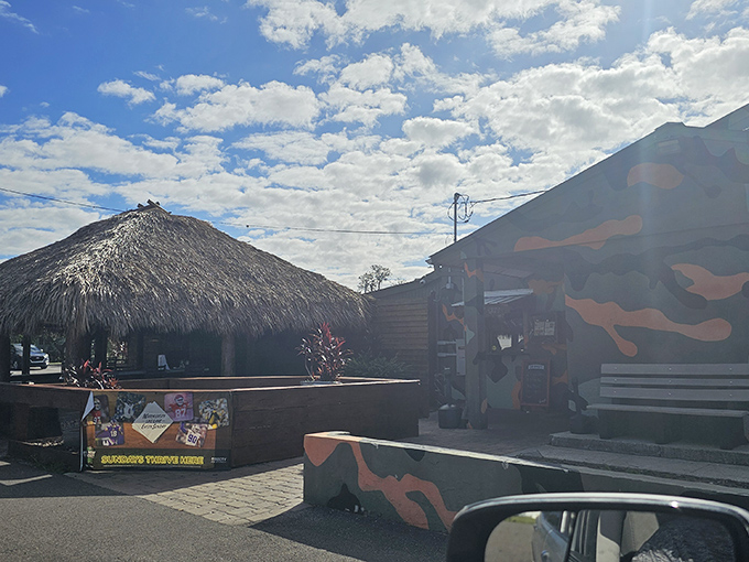 Camouflage never looked so appetizing! The military-inspired exterior and the thatched-roof tiki hut together scream "adventure awaits inside."