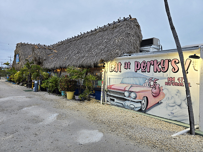 The thatched roof isn't just for show&mdash;it's nature's air conditioning in the Florida Keys. Pelicans perch above while that pink pig beckons you inside.
