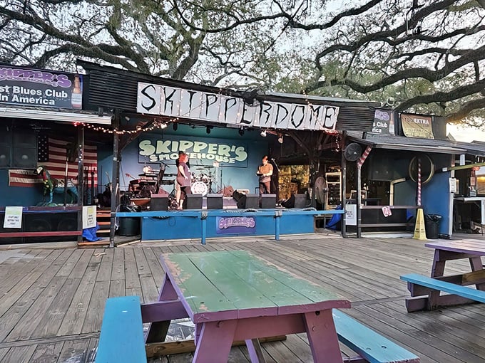 The Skipperdome stage awaits its next musical act while colorful picnic tables invite you to stay awhile. Florida's version of music heaven.