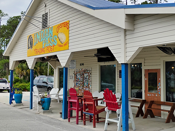 The unassuming exterior of Indian Pass Raw Bar proves once again that the best seafood joints often come with zero architectural pretension.