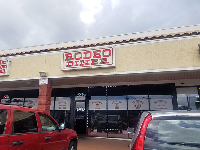 The unassuming strip mall exterior of Rodeo Diner promises what Florida locals already know: authentic flavor doesn't need fancy packaging.