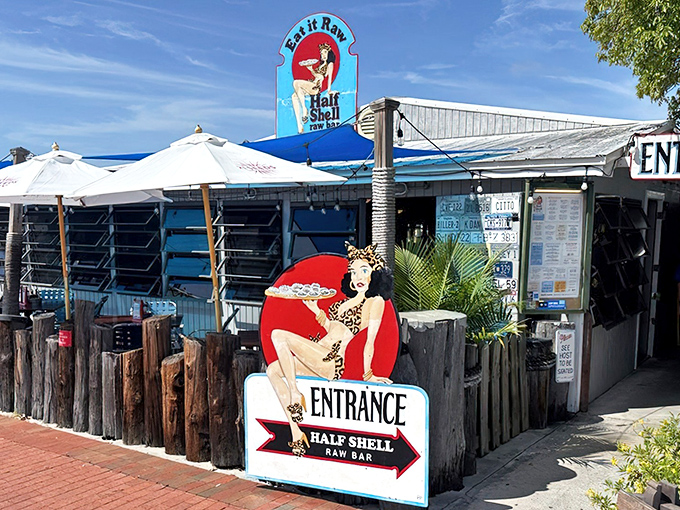 The iconic mermaid sign beckons seafood lovers like a siren call. Old Florida charm meets fresh-caught deliciousness at this Key West landmark.