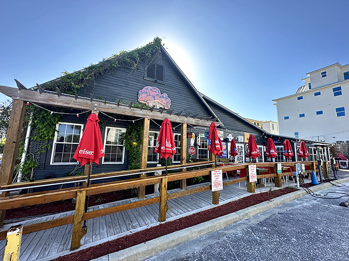 The vine-covered cottage of The RedBar stands like a bohemian oasis amid Santa Rosa Beach's pristine shores, red umbrellas beckoning hungry travelers inside.