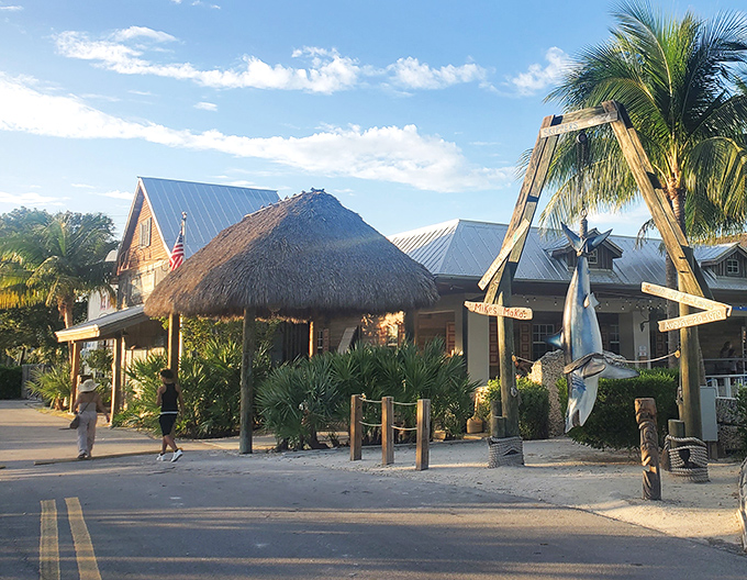 The iconic Skippers Dockside sign beckons hungry travelers with its cheerful promise of seafood treasures and that unmistakable Keys hospitality.
