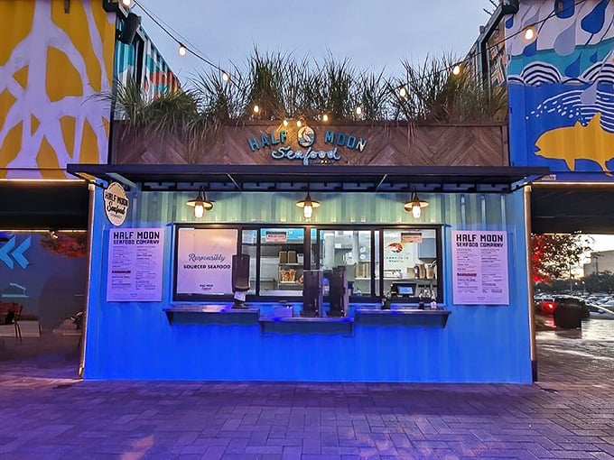 The turquoise shipping container exterior of Half Moon Seafood Co. isn't just eye-catching&mdash;it's a beacon for seafood lovers hiding in plain sight.