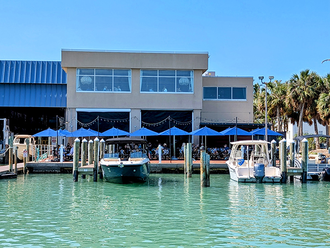 The waterfront approach to Dry Dock is like discovering a secret clubhouse where boats park for lunch and humans come for seafood nirvana.