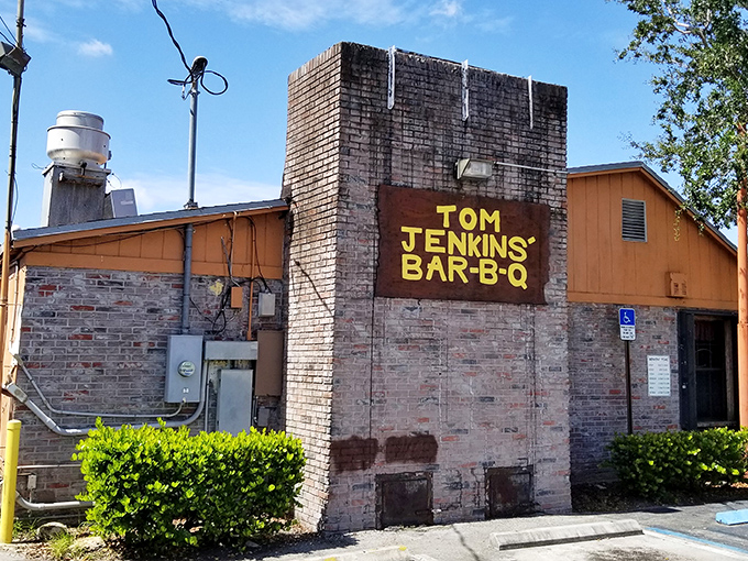 The unassuming brick fortress of flavor that is Tom Jenkins' Bar-B-Q. No fancy frills needed when the smoke signals speak for themselves.