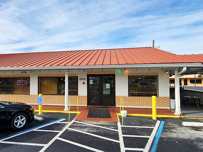 That iconic red roof signals breakfast paradise ahead. No fancy architecture needed when what's inside is this good.
