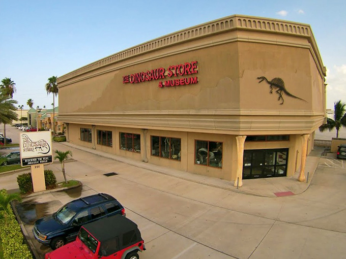The tan exterior of The Dinosaur Store in Cocoa Beach announces its prehistoric treasures with a skeletal silhouette that practically screams, "Yes, we have dinosaurs!"