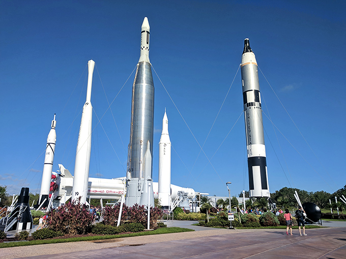 The Rocket Garden at Kennedy Space Center stands as a metallic forest of human ambition, reaching skyward like dreams made manifest.