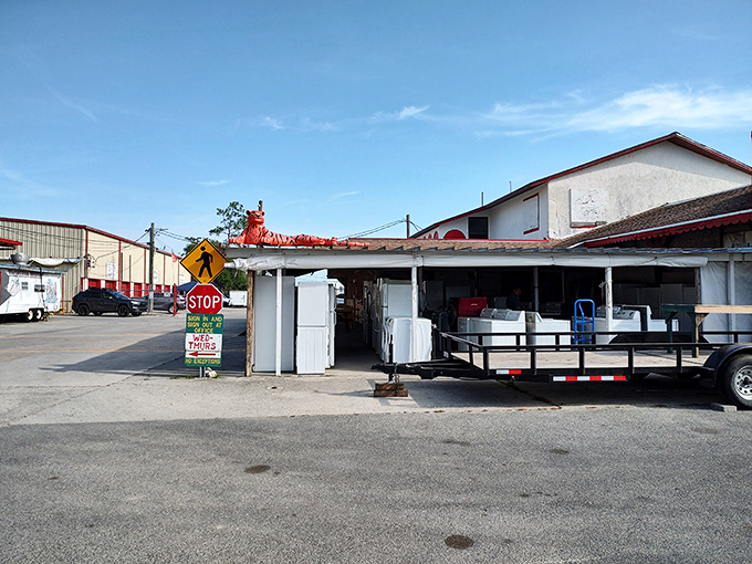 Treasure hunters paradise! Rows of clothing, accessories, and knick-knacks stretch as far as the eye can see under industrial ceilings that house a bargain seeker's dream. 
