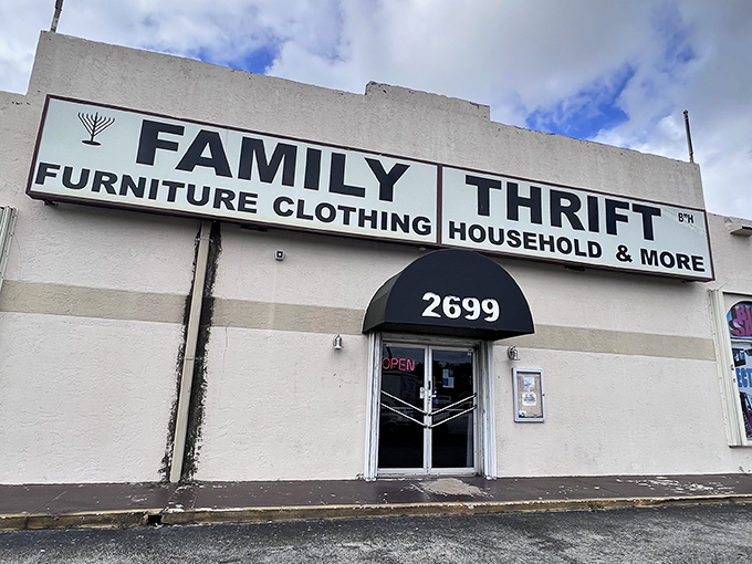 The unassuming exterior of Family Thrift Store in Lauderdale Lakes – where treasure hunting begins beneath Florida's sunny skies.