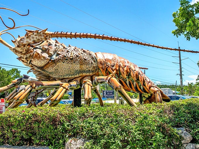 Betsy the Lobster stands proudly along the Overseas Highway, her massive copper-colored form gleaming in the Florida sunshine like a crustacean colossus.