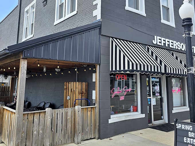 The sleek black exterior with crisp white trim isn't just eye-catching&mdash;it's a beacon of barbecue hope in small-town Indiana.