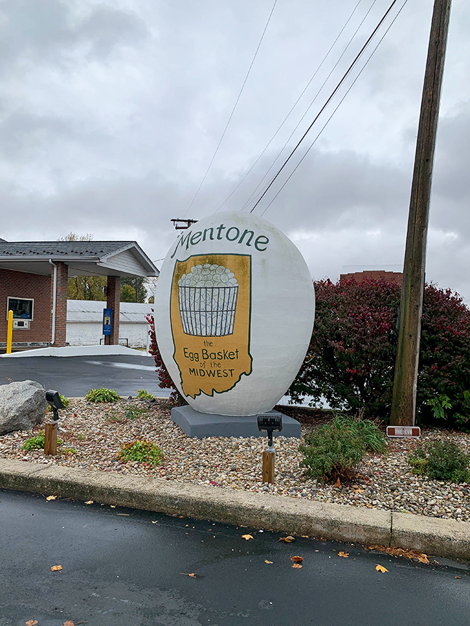 Mentone's giant egg stands proudly against the Indiana sky, declaring the town's poultry heritage with unabashed Midwestern pride.