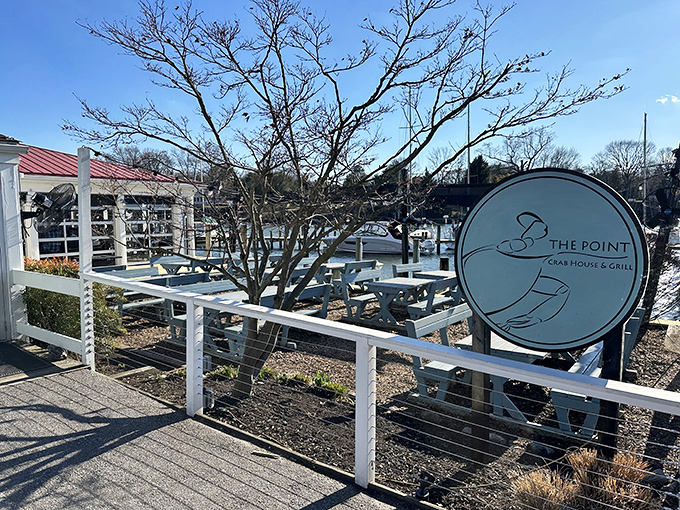 The waterfront patio at The Point offers that rare dining trifecta: fresh air, boat views, and the promise of seafood that was swimming this morning.