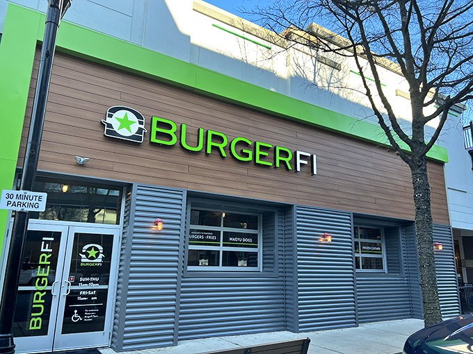 That bright green signage isn't just eye-catching – it's your beacon to burger bliss in suburban Maryland.