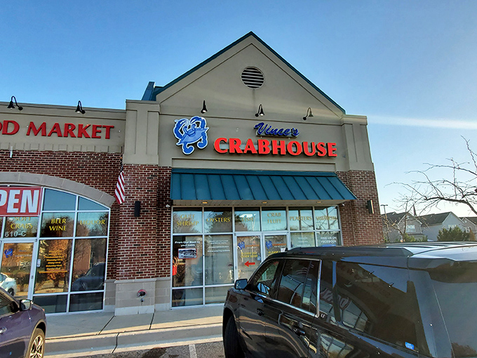 That cheerful blue crab mascot practically winks at you from the storefront, promising crustacean adventures ahead.