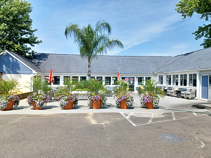 The welcoming exterior of Skipper's Pier beckons like a coastal postcard come to life, complete with cheerful flower pots and palm trees that whisper, "Vacation starts now."