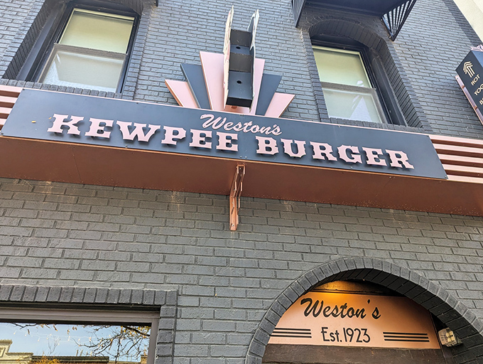 Art Deco meets comfort food heaven at Weston's Kewpee Burger, where the blue brick exterior promises retro delights within.