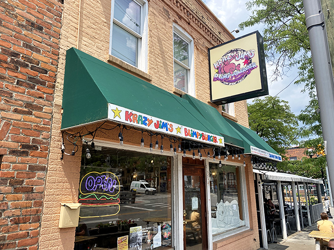 The unmistakable green awning and colorful signage of Blimpy Burger &ndash; Ann Arbor's burger institution where the rules are as distinctive as the food.