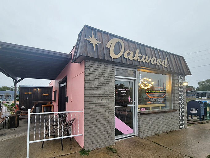 The star-adorned facade of Oakwood Proper Burgers beckons like a burger lighthouse on Traverse City's culinary shoreline. Those colorful brick accents aren't just for show&mdash;they're foreshadowing the creativity waiting inside.