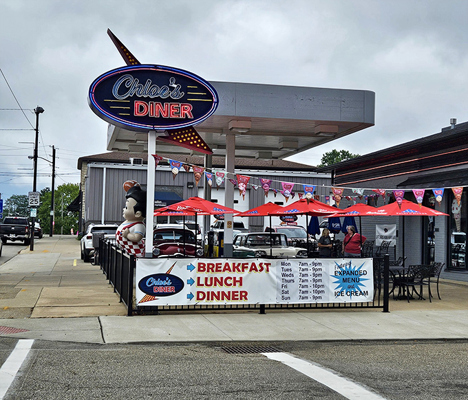 The classic gas station canopy now shelters hungry diners instead of fuel pumps &ndash; a transformation that would make Route 66 enthusiasts weep with joy.