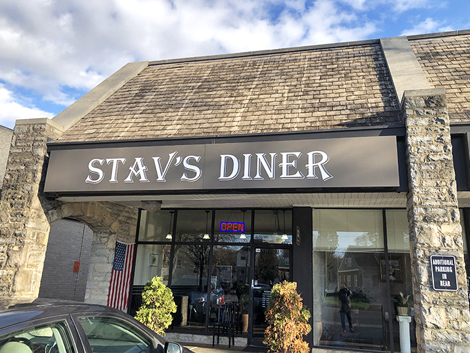 Stone-faced exterior, warm-hearted interior. Stav's Diner's modest storefront promises nothing but delivers everything a breakfast lover could dream of.