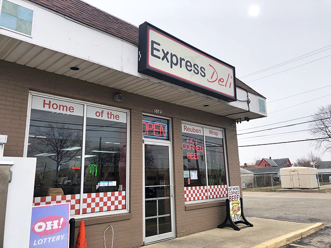 The unassuming storefront of Express Deli in Brook Park hides culinary treasures within. That neon "HOT CORNED BEEF" sign is basically a bat signal for sandwich lovers.