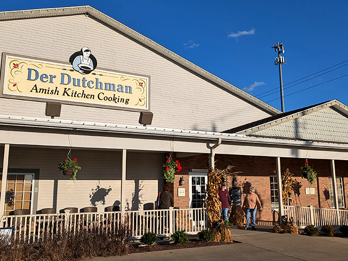 The welcoming facade of Der Dutchman stands like a beacon of comfort food promise under Ohio's big blue sky. Amish cooking awaits!