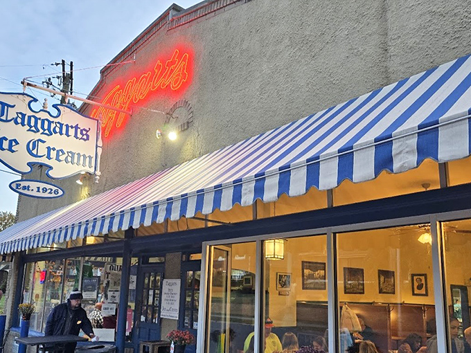 The iconic blue and white awning of Taggarts beckons like a lighthouse for sweet-toothed sailors navigating the streets of Canton.