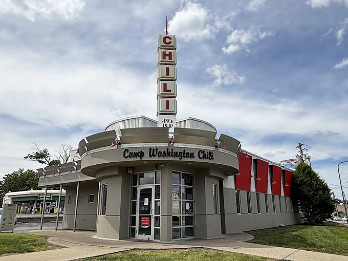 The iconic vertical CHILI sign stands like a mid-century beacon, guiding hungry souls to this Cincinnati landmark since 1940.