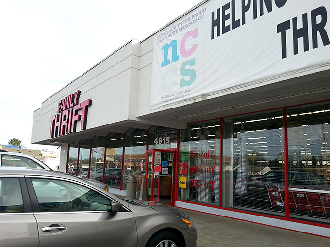 The red lettering beckons like a lighthouse for bargain hunters&mdash;Family Thrift's storefront promises treasures waiting to be discovered inside.