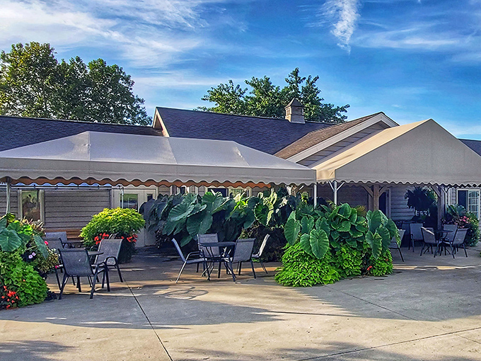 The unassuming exterior of Country Crust Bakery, where lush greenery and simple outdoor seating hint at the carb-laden treasures waiting inside.