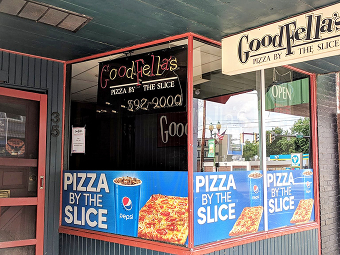 The iconic blue exterior of Goodfellas Pizza stands as a beacon of hope for the hungry in Athens, Ohio.
