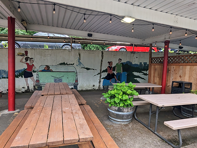 The classic red and white exterior of Skyline Restaurant stands like a time capsule among Portland's evergreens, boldly proclaiming its burger-and-shake mission to the world.