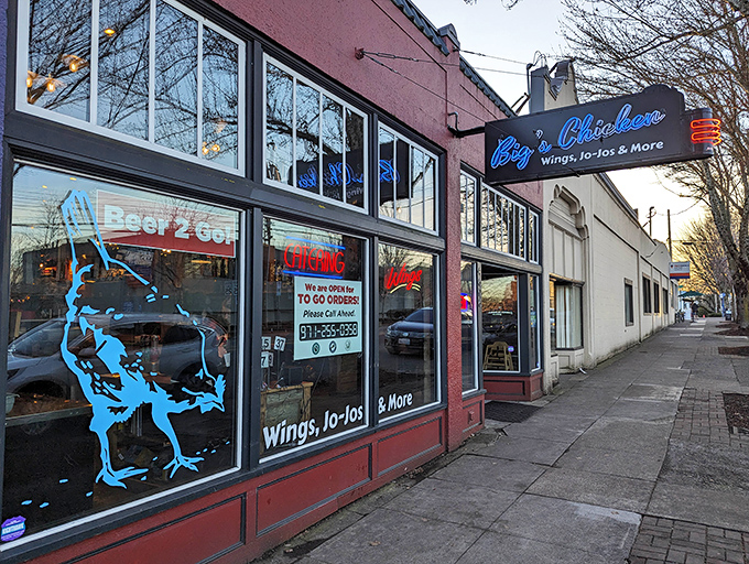 Big's Chicken's vibrant red exterior with those cheerful orange umbrellas is like a beacon calling to hungry souls on Portland's streets. Picnic tables await your chicken-induced happiness.