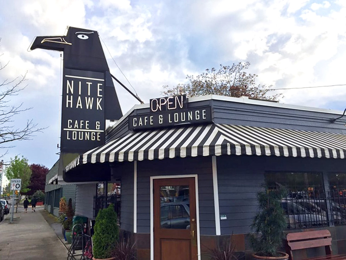 That iconic black hawk silhouette against the Portland sky isn't just a sign&mdash;it's a beacon calling hungry souls to comfort food paradise.