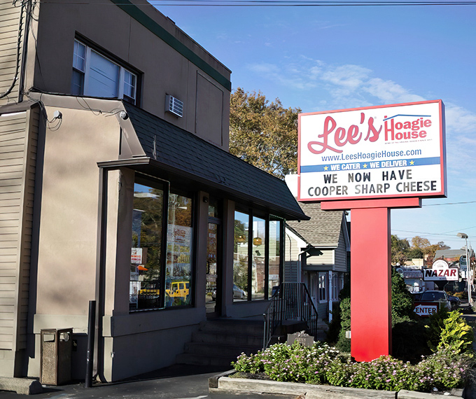 The unassuming exterior of Lee's Hoagie House stands like a sandwich sanctuary on Old York Road, promising hoagie heaven to those in the know.