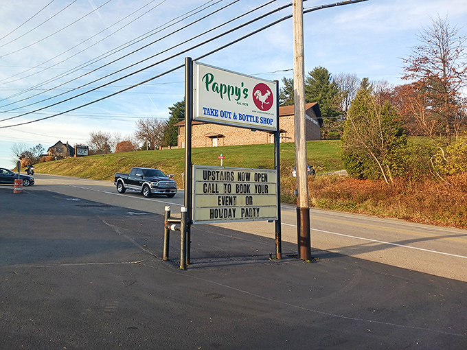 Pappy's roadside sign stands like a beacon of hope for hungry travelers, promising good food and the chance to book your next event upstairs. 