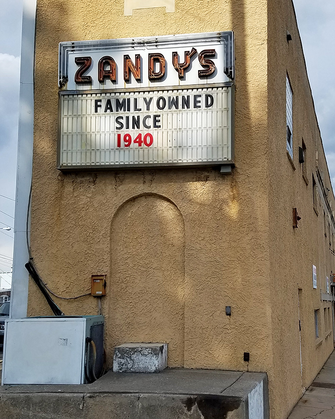 The unassuming entrance to Zandy's Steak Shop, where that vintage "STEAK SANDWICH" sign has been guiding hungry Allentonians to cheesesteak nirvana for generations.