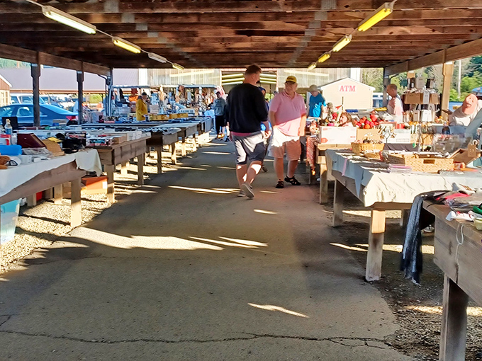 The covered walkways of Jake's Flea Market offer treasure hunters shelter from sun and rain while they pursue that perfect find.